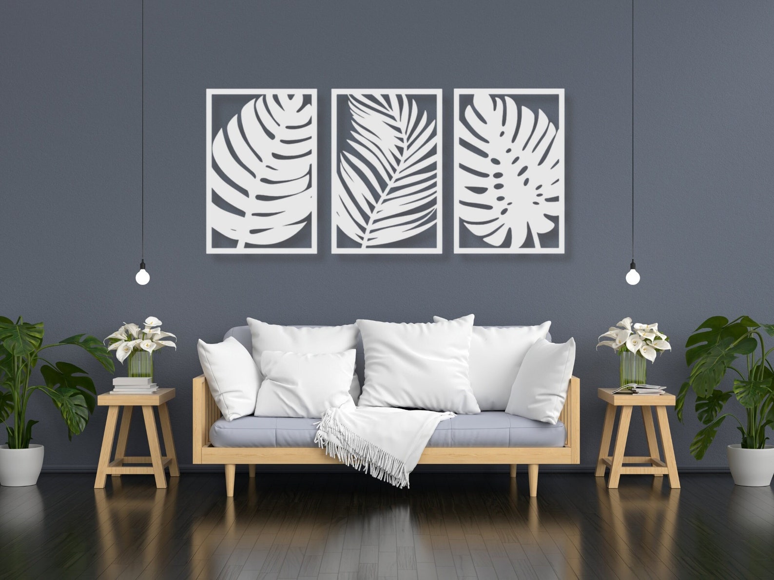 Large Set of 3 Panels With Tropical Monstera Leaf Leaves Wooden Wallart ...