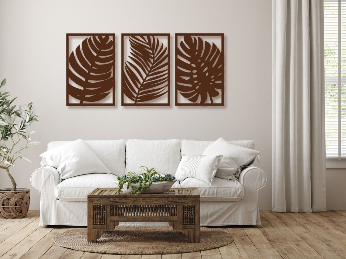 Large Set of 3 Panels With Tropical Monstera Leaf Leaves Wooden Wallart ...