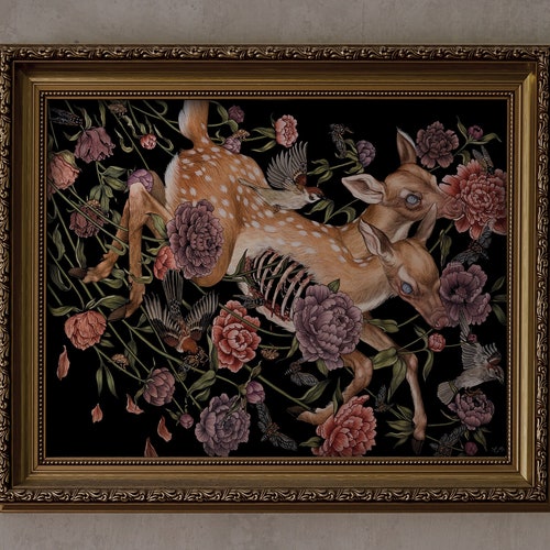 Fawn Deer With Birds and Flowers Gothic Botatnical Art - Etsy