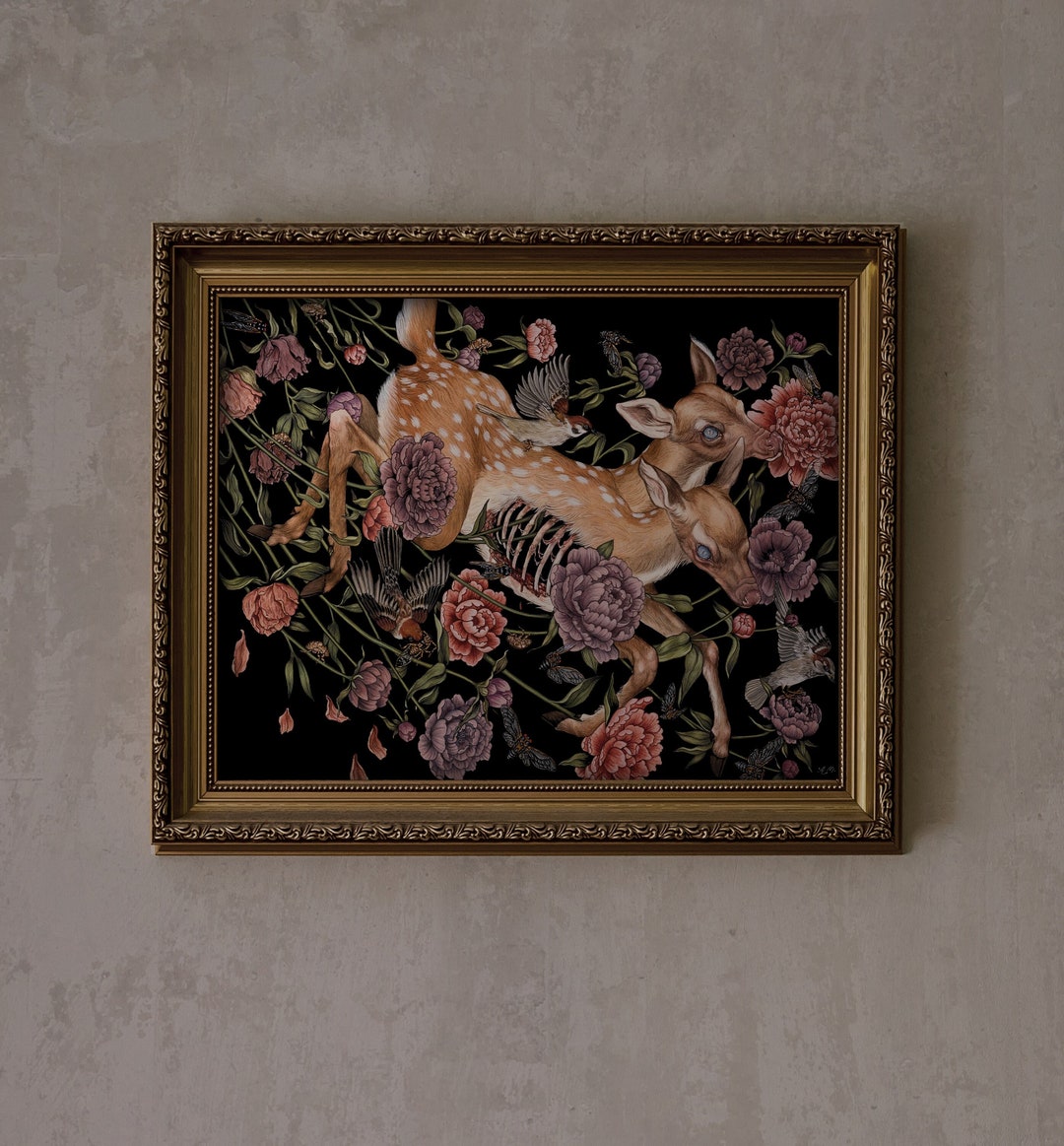 Fawn Deer With Birds and Flowers Gothic Botatnical Art- Giclee Print ...