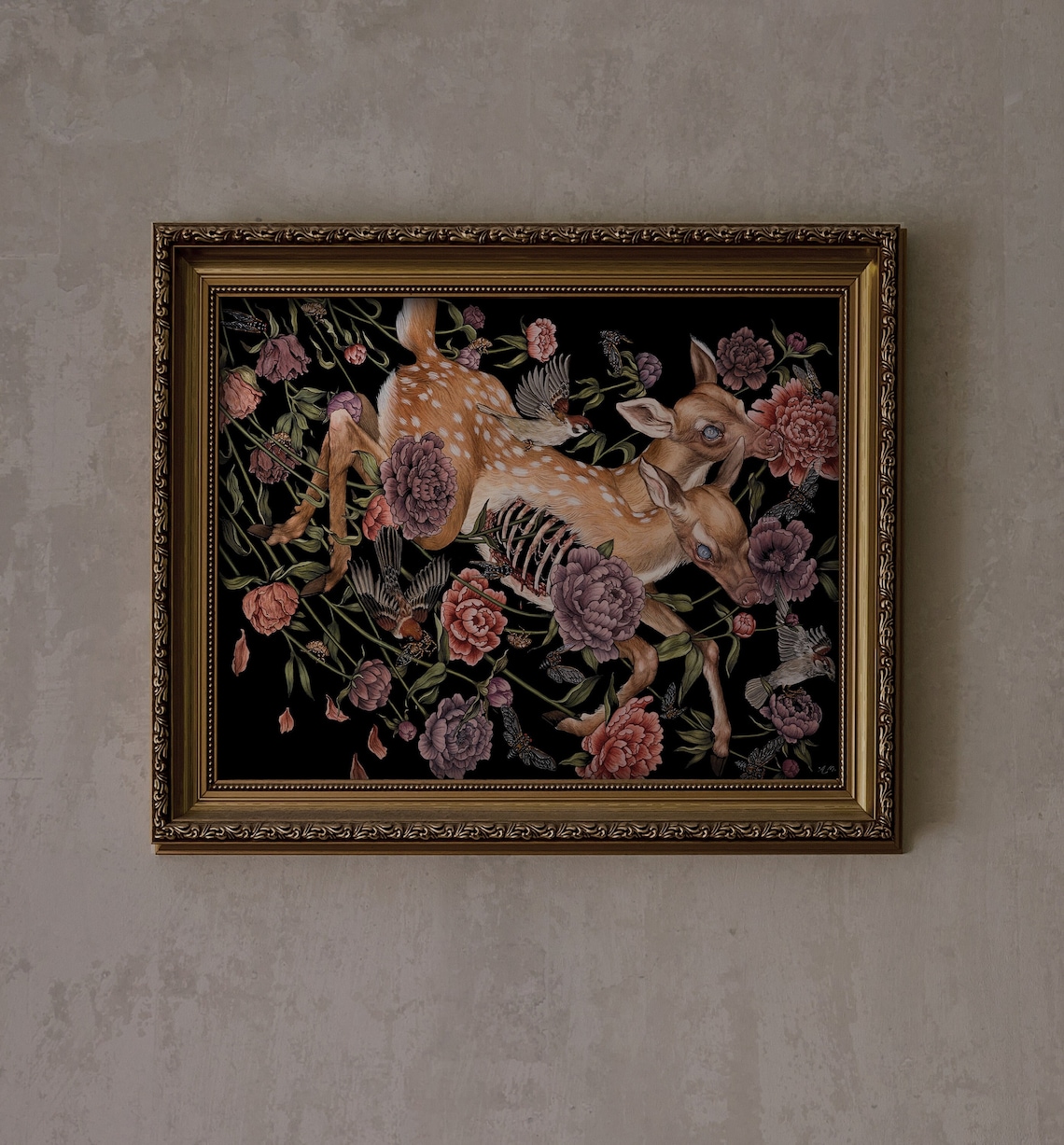 Fawn Deer With Birds and Flowers Gothic Botatnical Art - Etsy