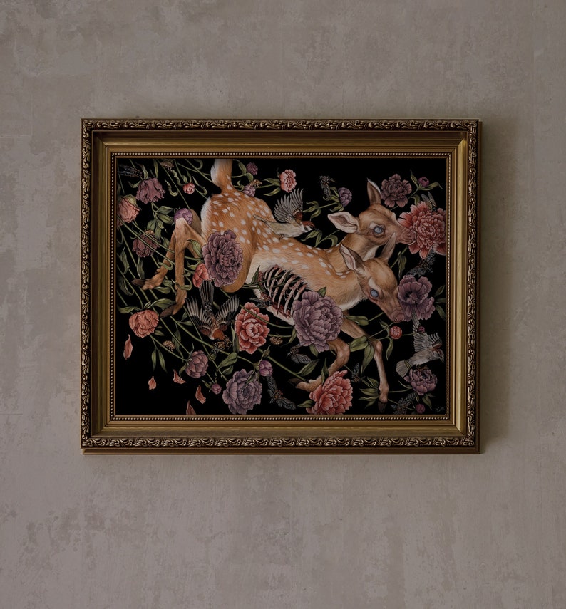 Fawn Deer With Birds and Flowers Gothic Botatnical Art - Etsy