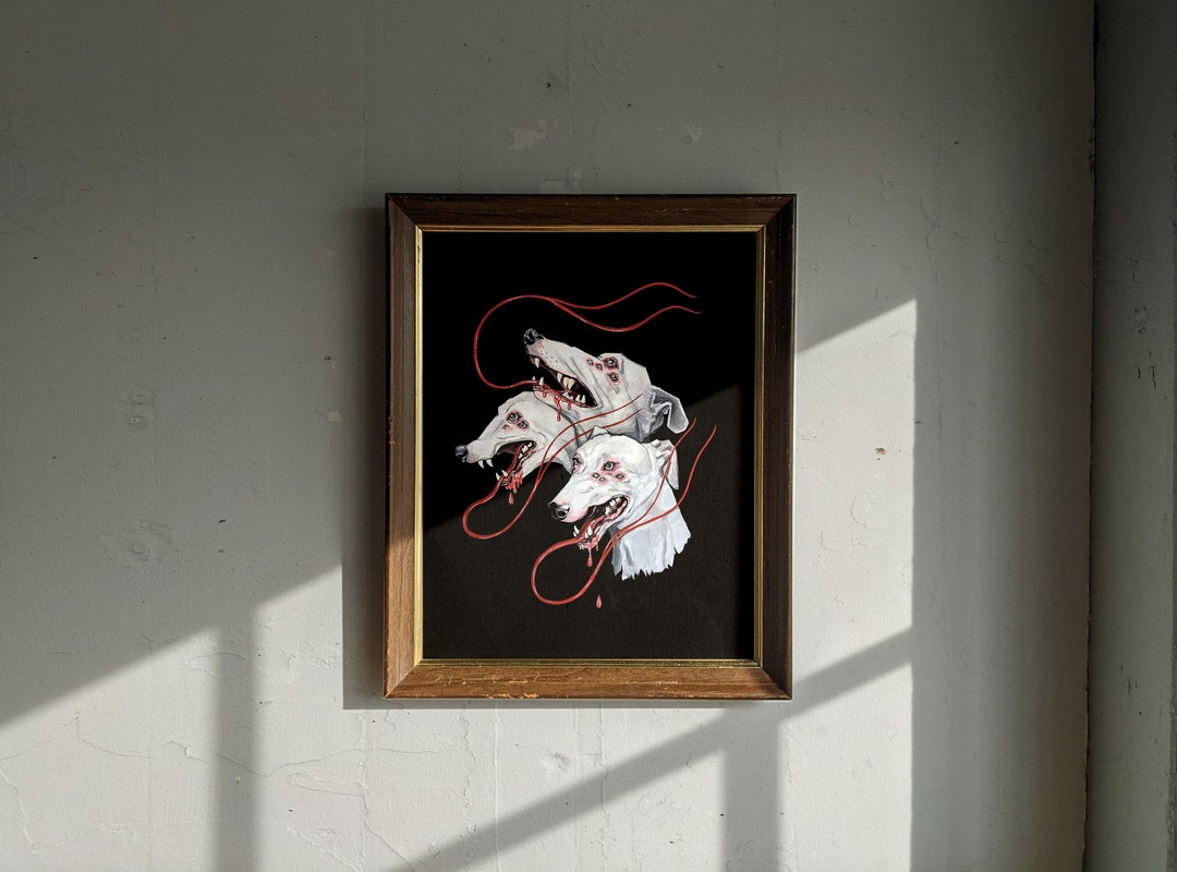 Cerberus Grey Hound Devil Dog- Giclee Print From Original Hand-painting ...