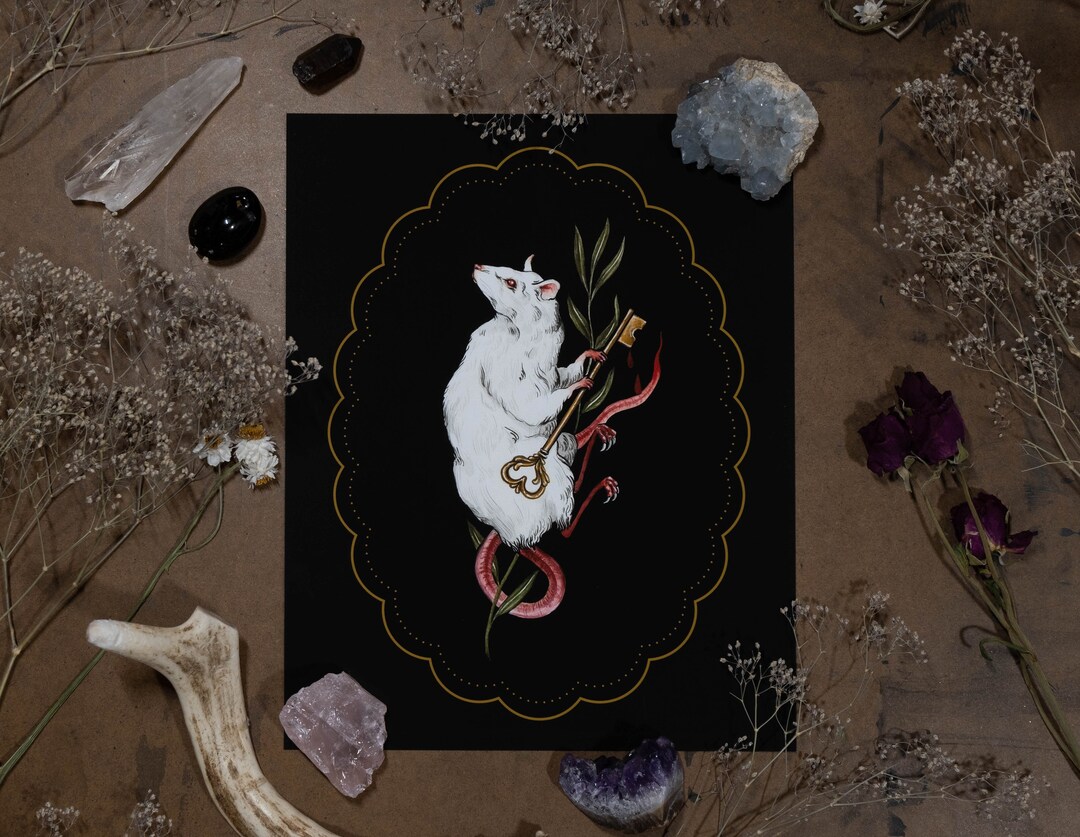 White Rat With Key and Gold Border- Giclee Print From Original Hand ...