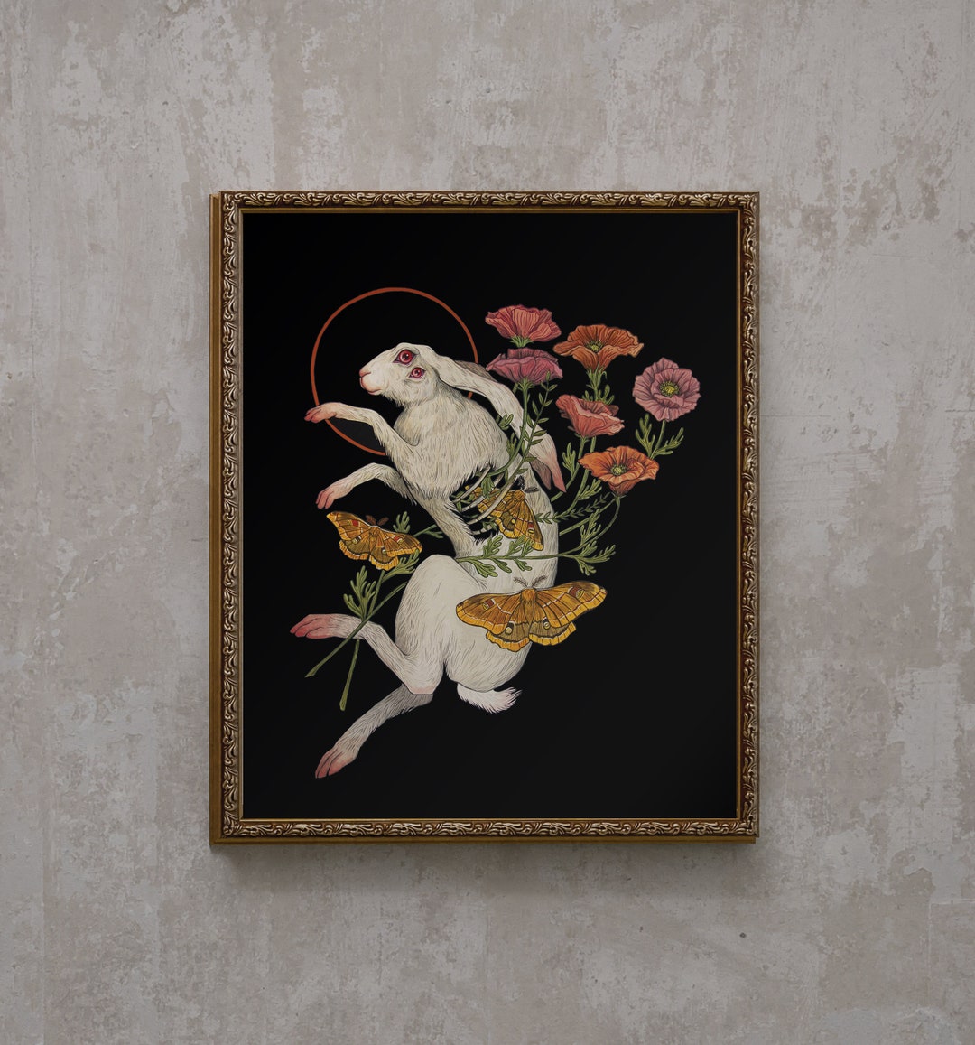 White Rabbit With Poppy Flowers- Giclee Print From Original Hand ...