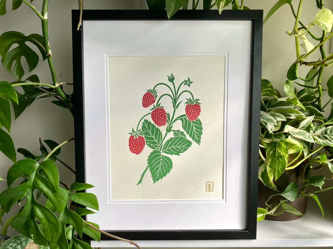 Strawberries Original Lino Art Print Hand Carved Botanical Illustration ...