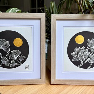 Lotus Flowers | Original Lino Art Print | Gold Detail | Hand Carved - Etsy