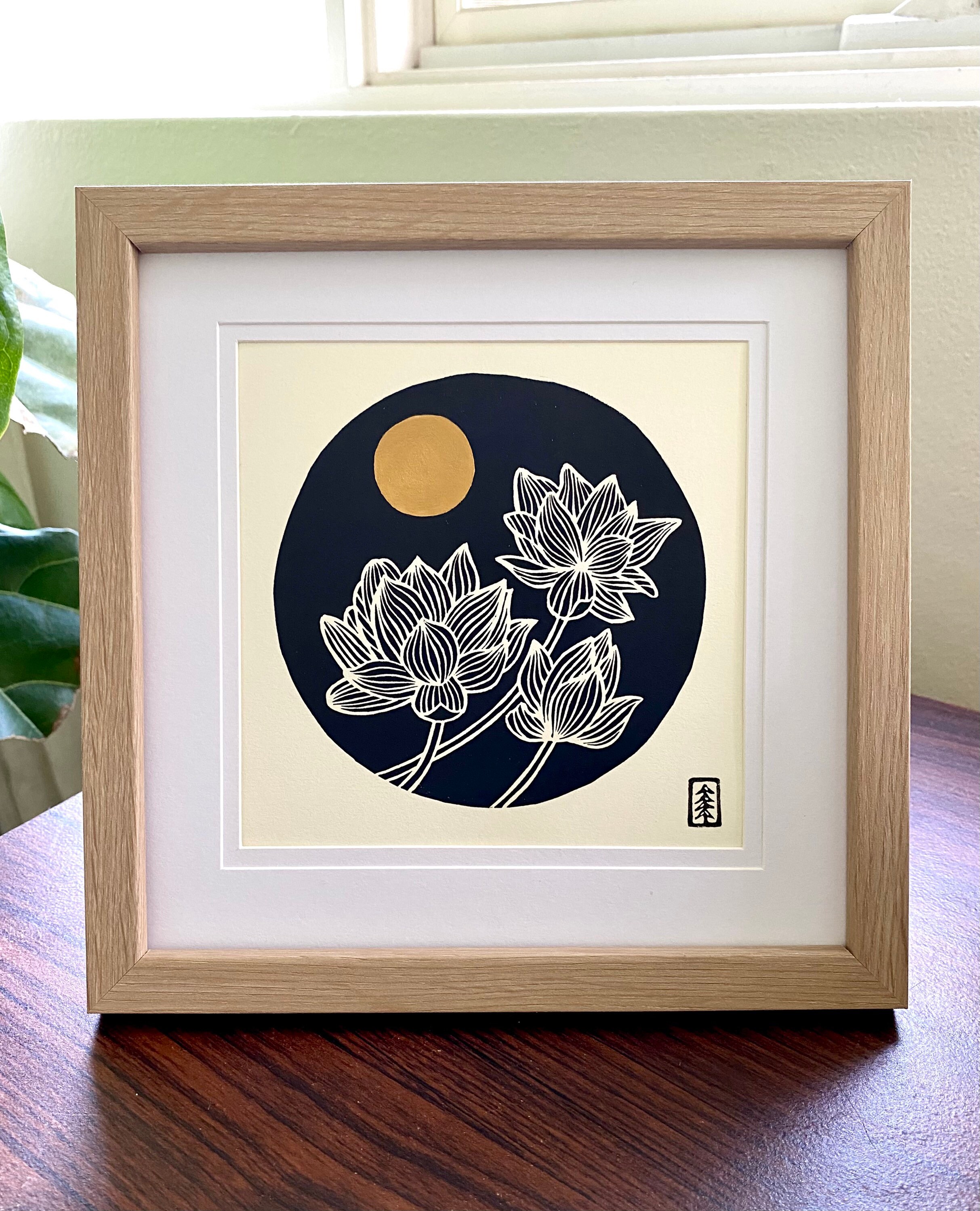Lotus Flowers Original Lino Art Print Gold Detail Hand | Etsy