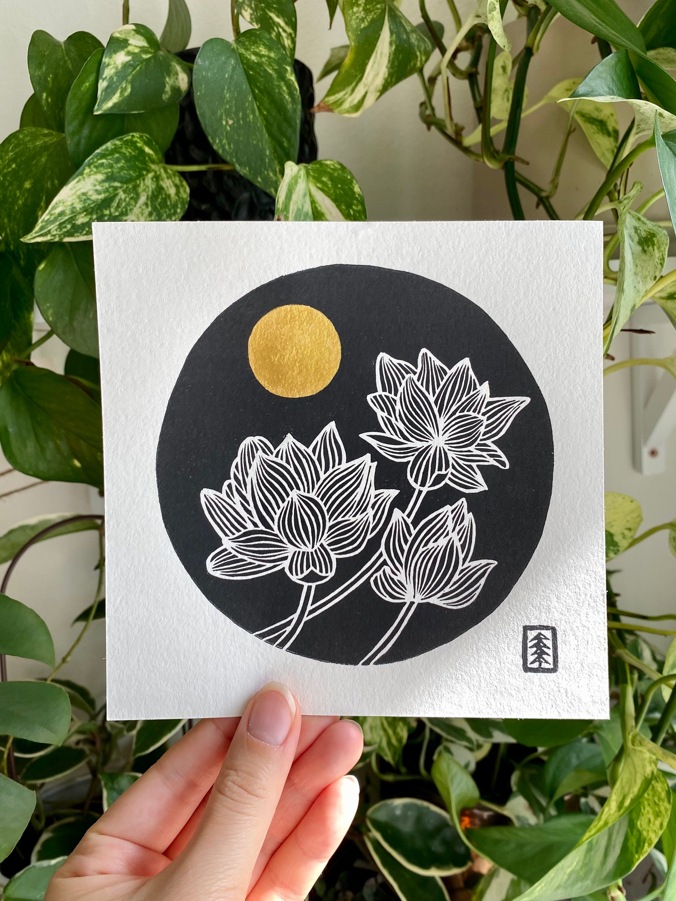Lotus Flowers | Original Lino Art Print | Gold Detail | Hand Carved - Etsy