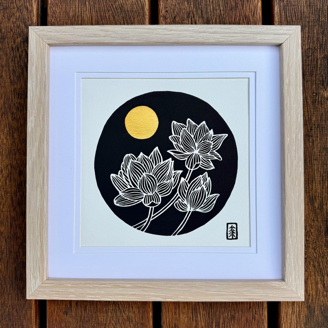 Lotus Flowers | Original Lino Art Print | Gold Detail | Hand Carved - Etsy