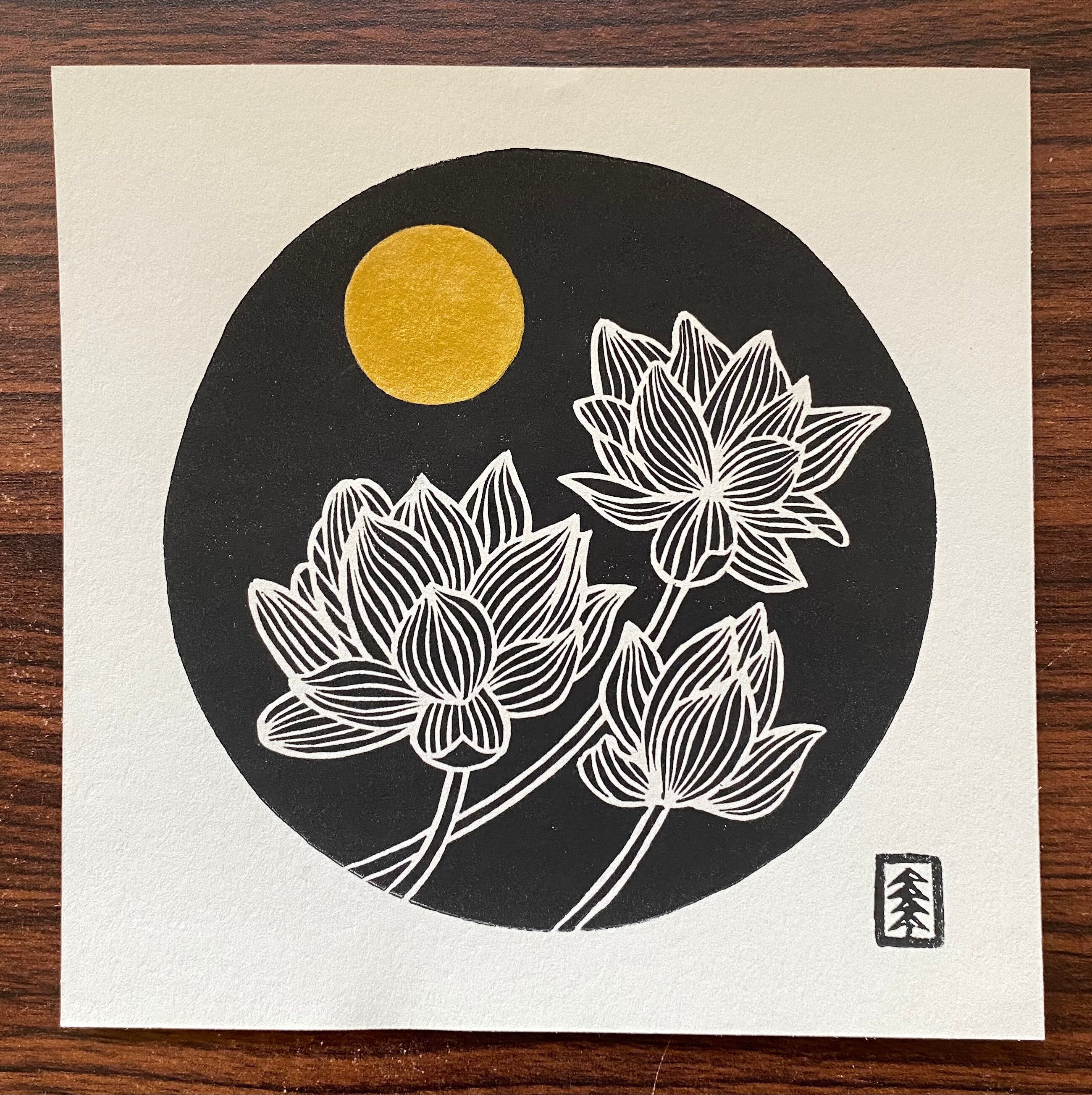 Lotus Flowers Original Lino Art Print Gold Detail Hand | Etsy
