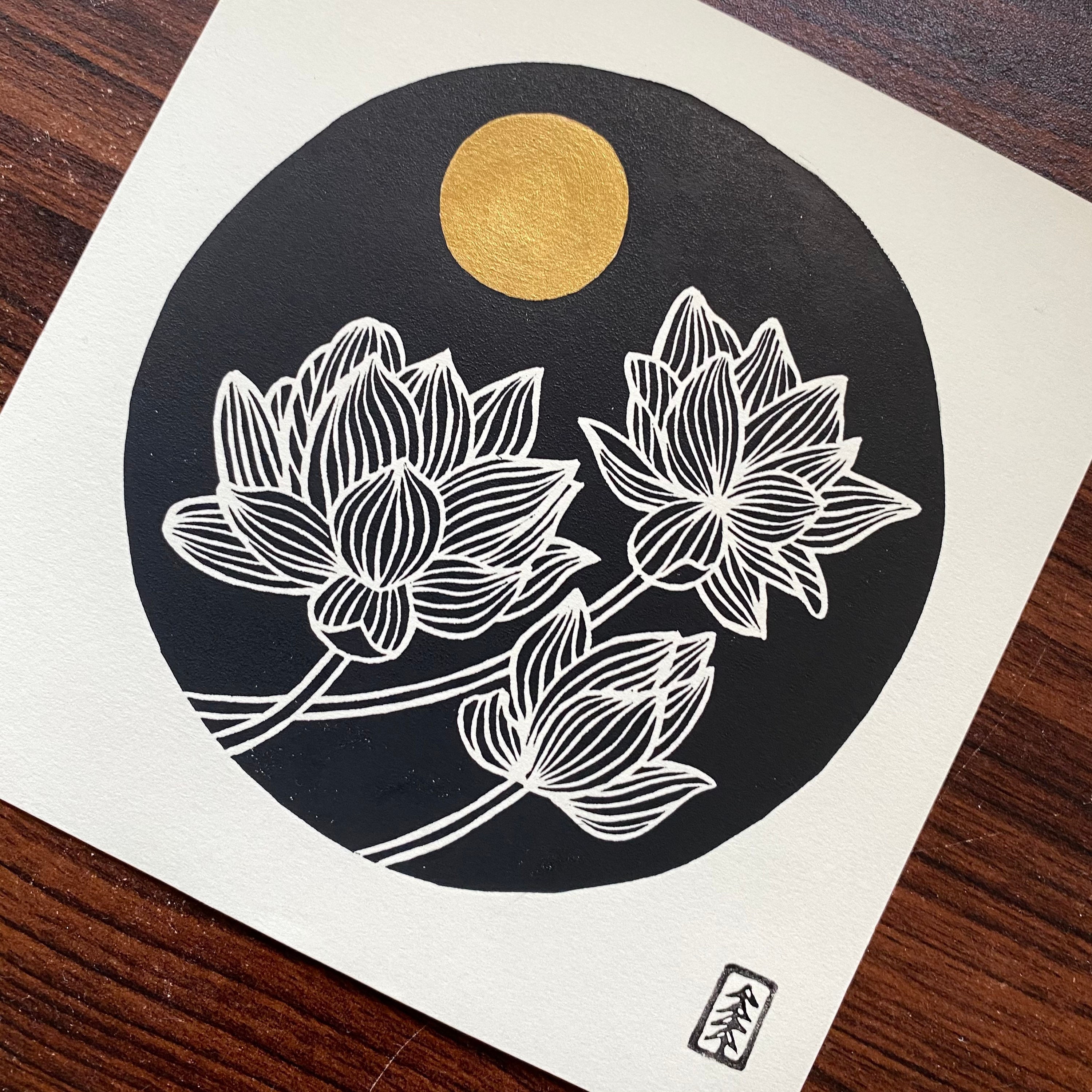 Lotus Flowers Original Lino Art Print Gold Detail Hand | Etsy