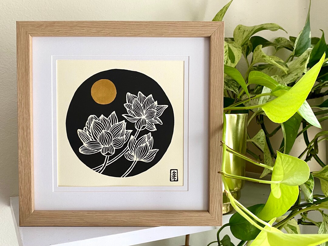 Lotus Flowers Original Lino Art Print Gold Detail Hand Carved - Etsy