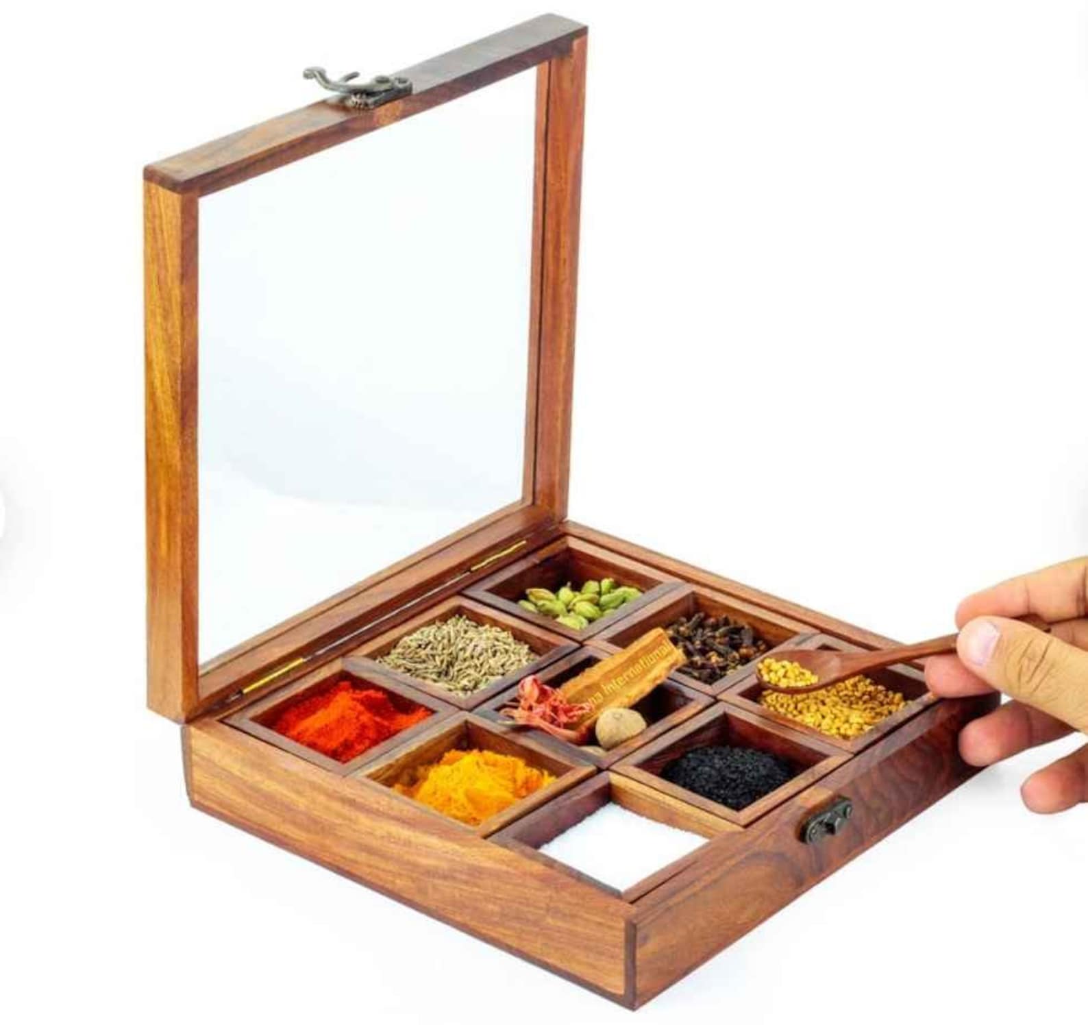 Wooden Handcrafted Spice Box/ Masala Dabba With 9 Square | Etsy UK