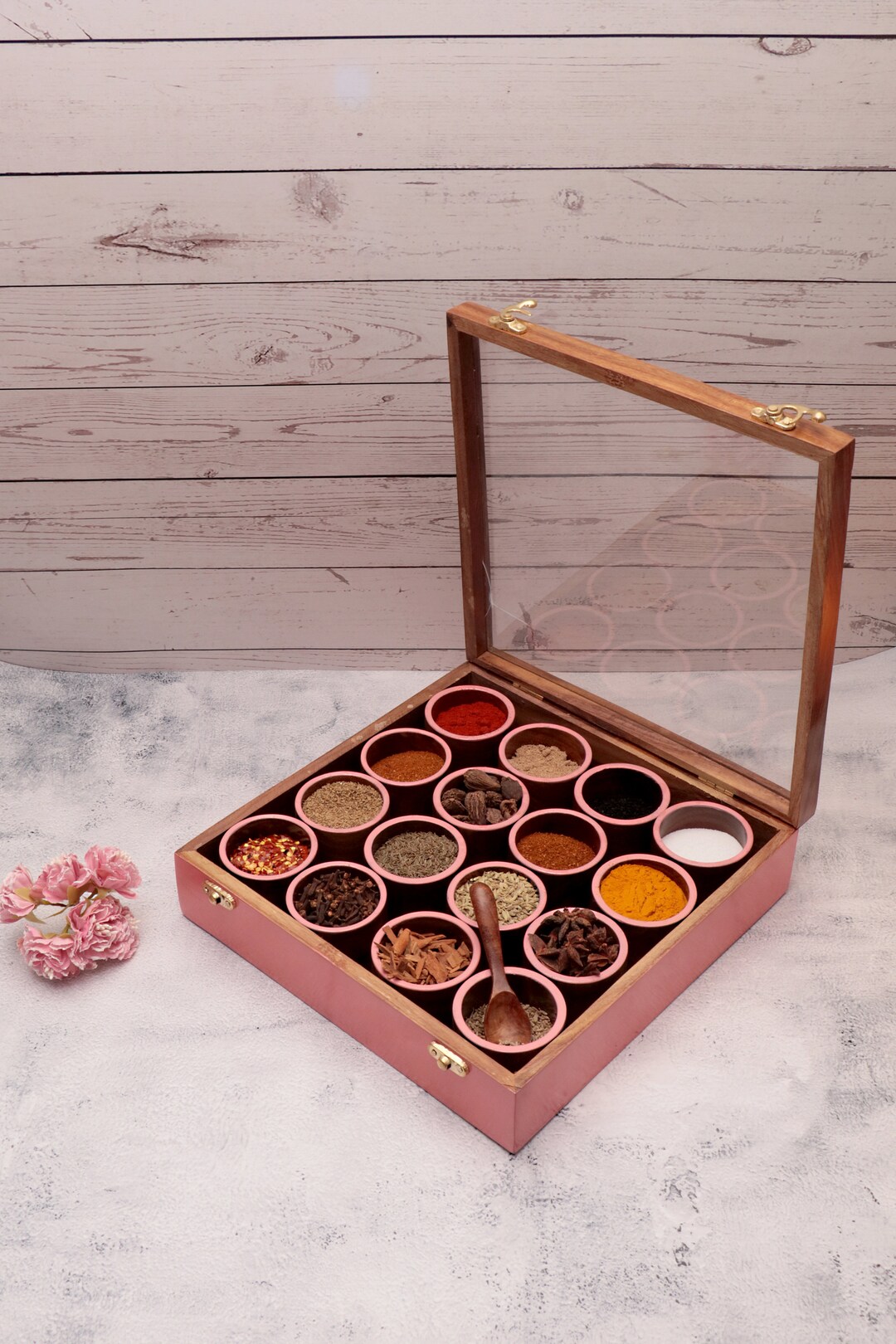 Pink Colour fluorescent Colour Range Wooden Handcrafted Spice Box ...