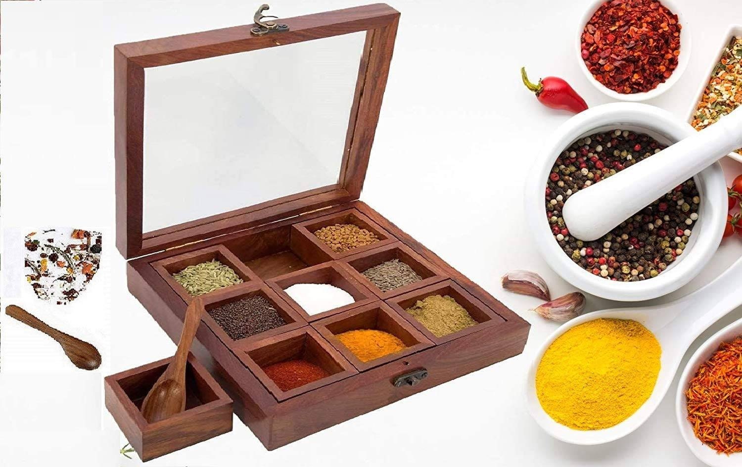 Wooden Handcrafted Spice Box/ Masala Dabba With 9 Square - Etsy UK