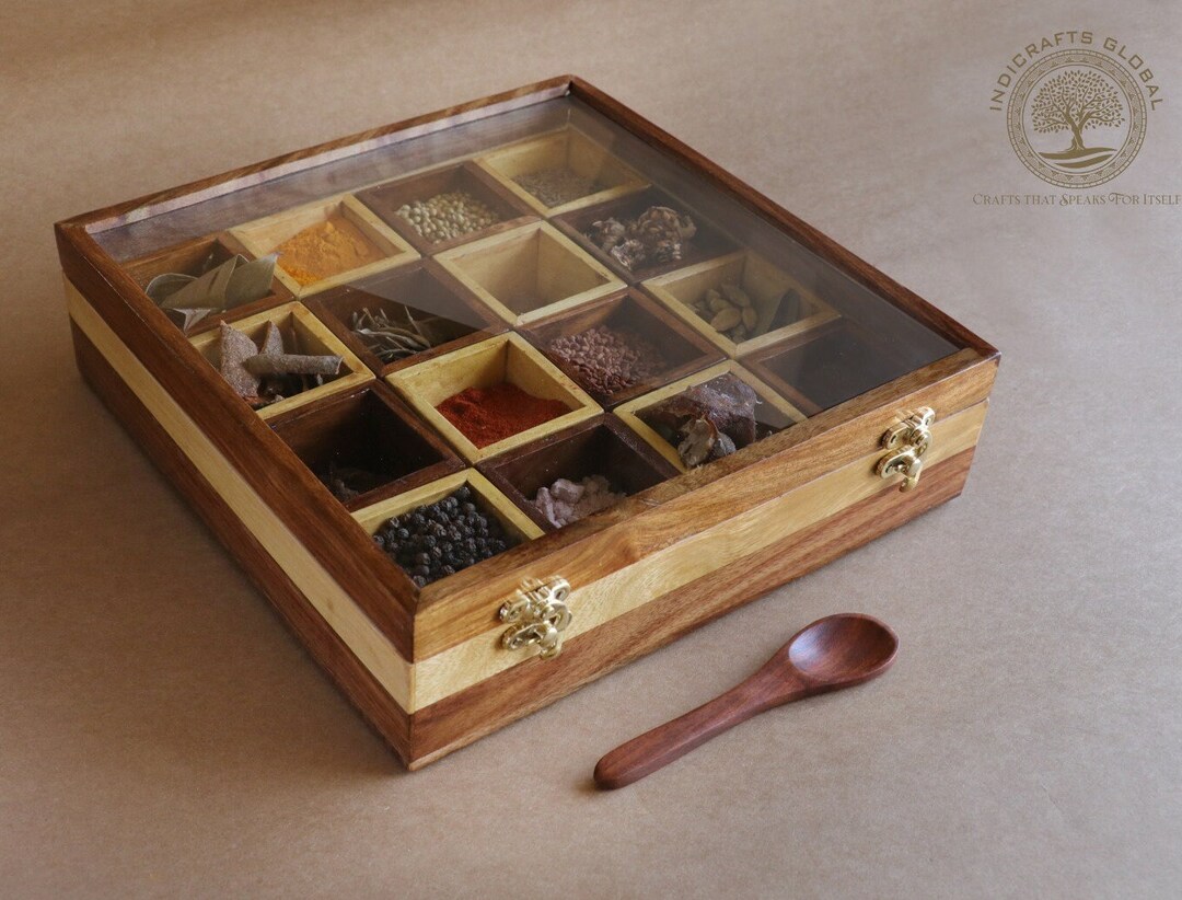 Dual-tone Wooden Handcrafted Spice Box/ Masala Dabba Dual Tone With 16 ...