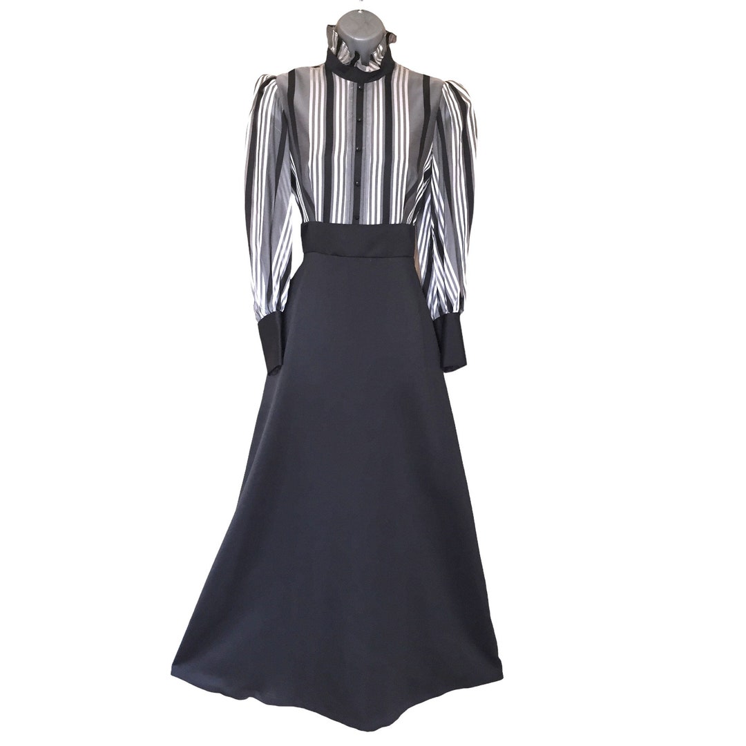 70s Neo Victorian Governess Dress by SIMON ELLIS, Long Black Satin Grey ...