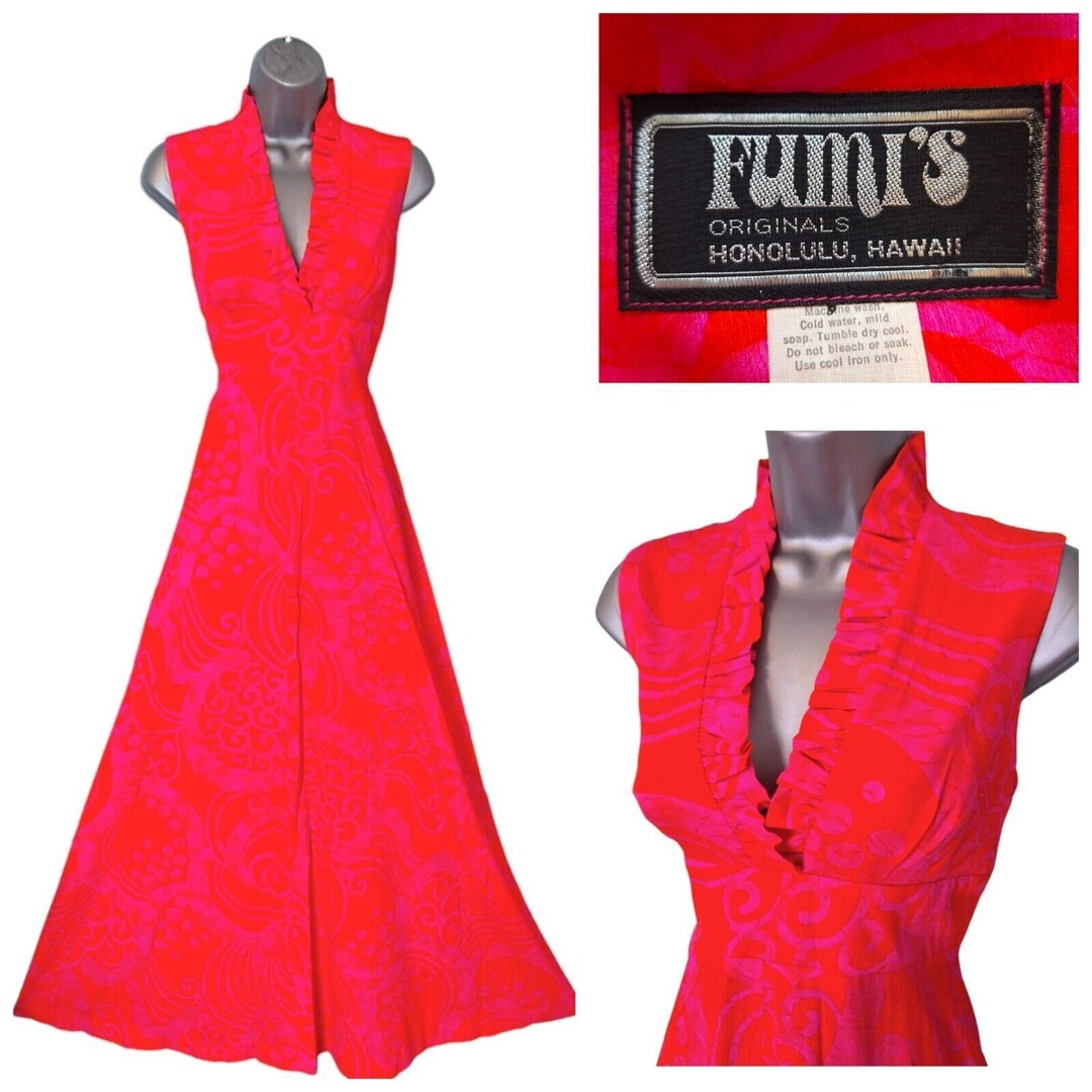 Fumi's Originals 60s Maxi Dress, Stunning Neon Pink Red Hawaiian Tiki True Vintage Ruffle Long ...