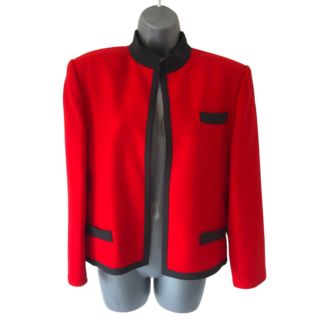 80s LOUIS FERAUD Red Wool Box Jacket, Chic Vintage Open Front Retro ...