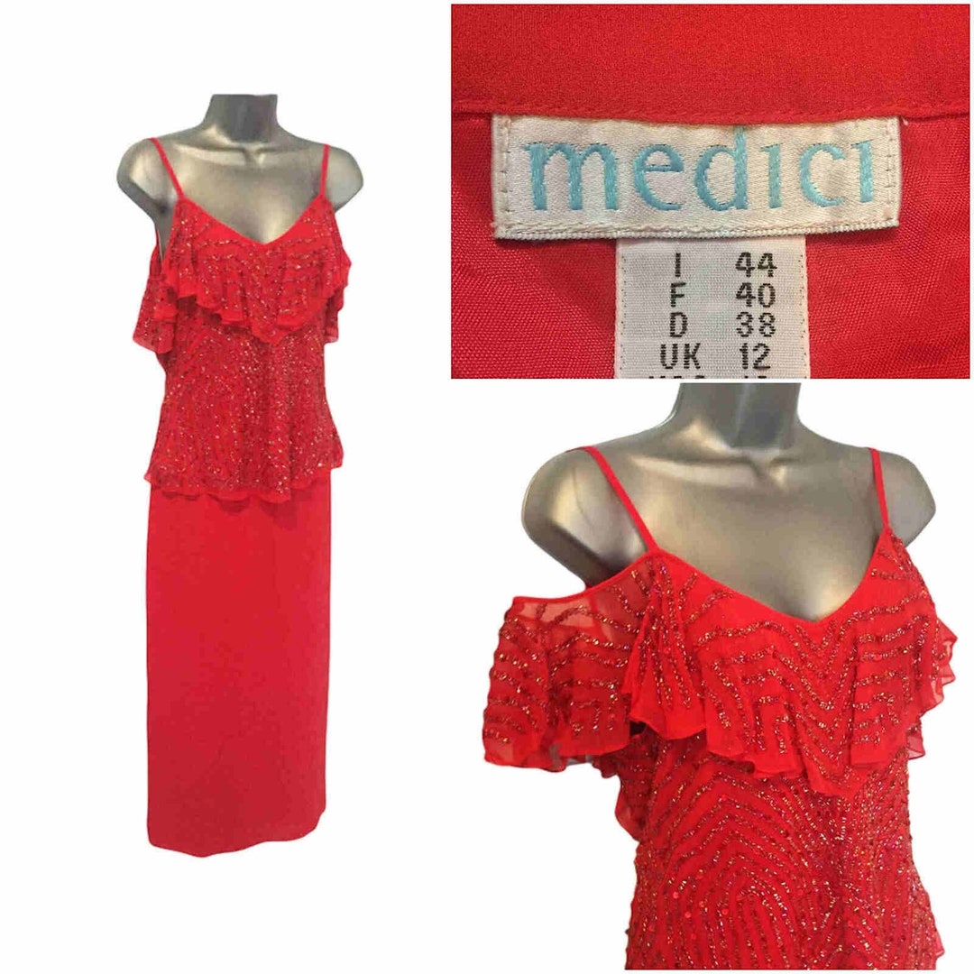 MEDICI Vintage 80s Outfit, Red Embellished Beaded Cold-shoulder Strappy ...