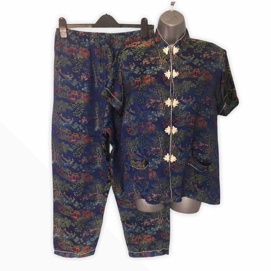 60s Chinese PJ Trouser Suit SOLZ SQUIRREL, Blue Satin Brocade ...