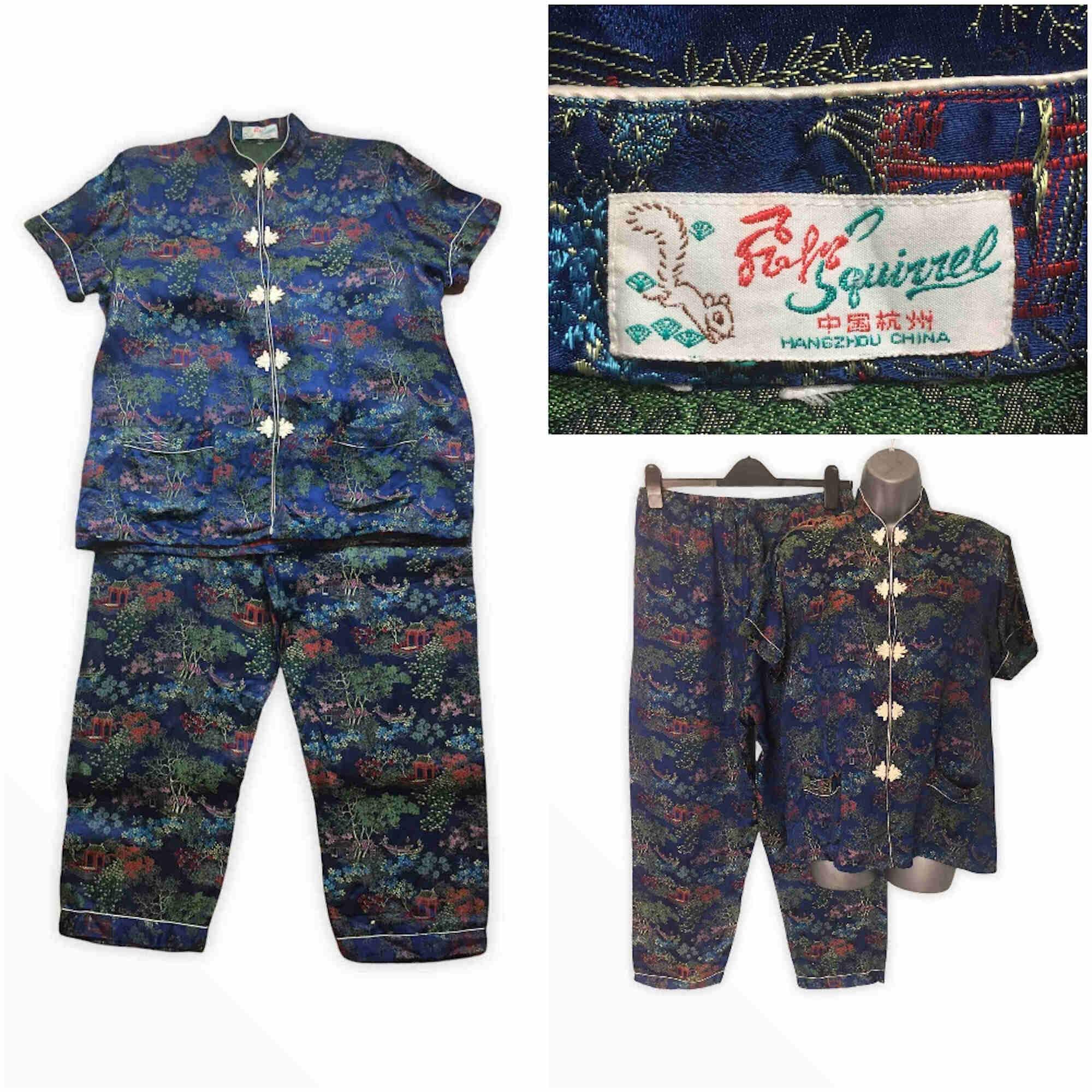 Vintage 60s Chinese Oriental Trouser Suit by SOLZ SQUIRREL, Blue Satin ...