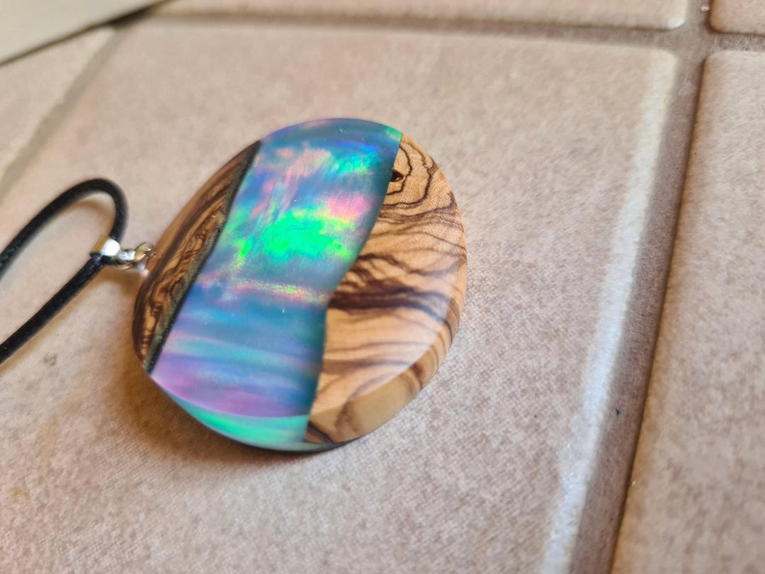 Olive Wood Resin Pendant: Pink Opal Aurora Borealis Necklace - Etsy