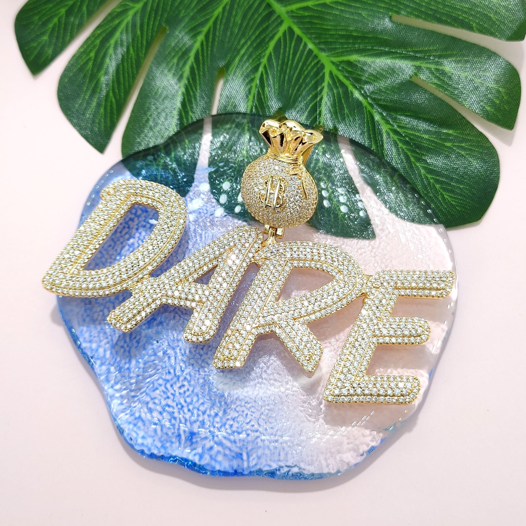 Iced Out Money Bag Personalised Name Tag Pendant Chain, CZ Diamond ...