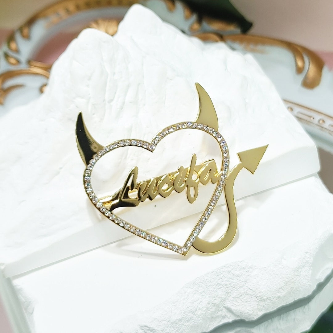 Custom Pins, Gold Filled Little Devil Heart Nameplate Brooch Pin, Bling ...