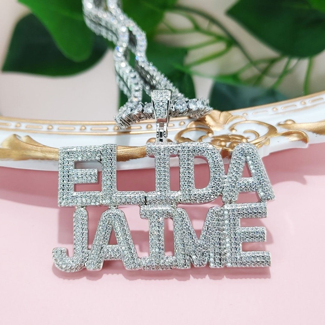 Customised Stacked Words Pendant, Iced Out Nameplate Necklace ...