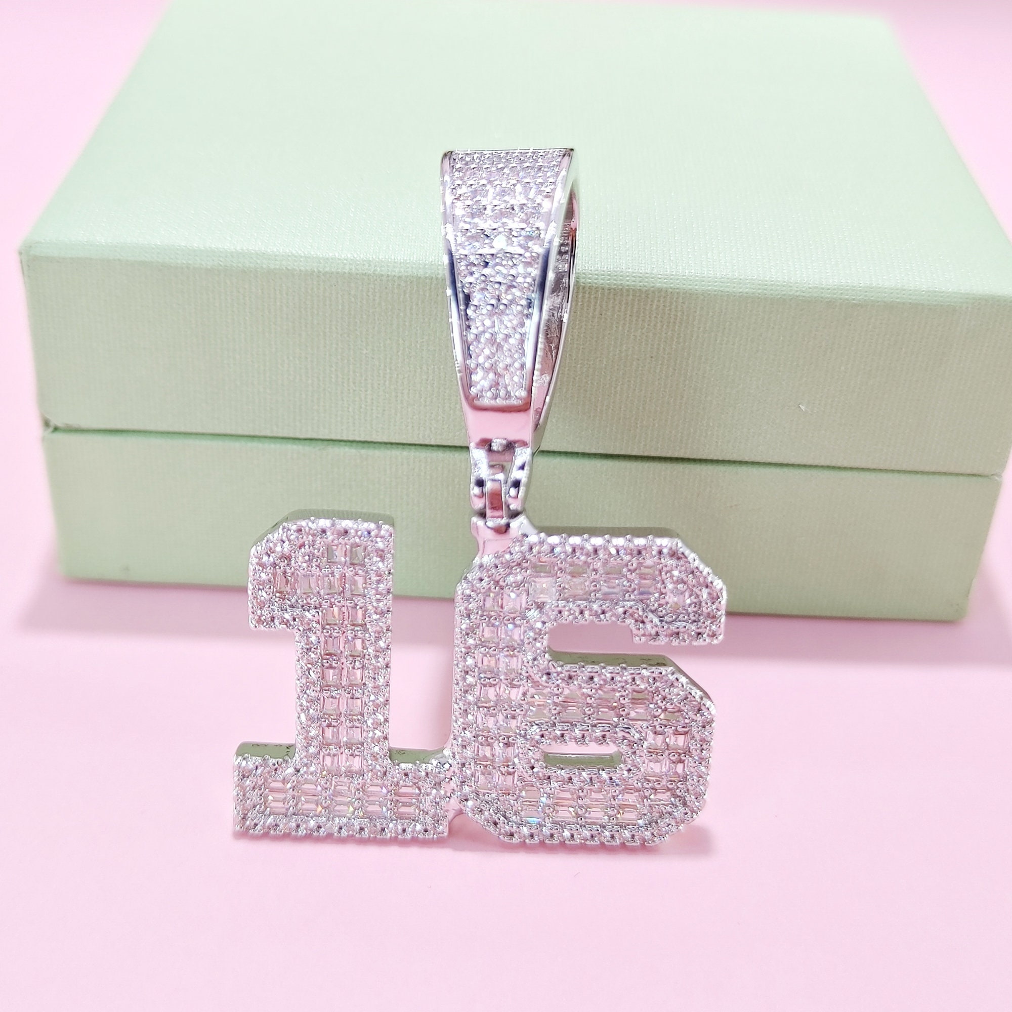 Custom Number CZ Diamond Pendant Necklace, Personalized Date - Etsy