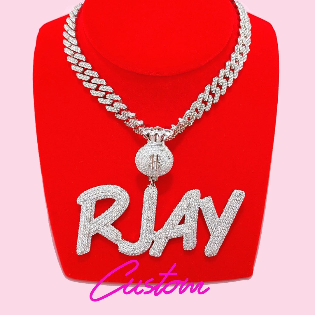 Iced Out Money Bag Personalised Name Tag Pendant Chain, CZ Diamond ...