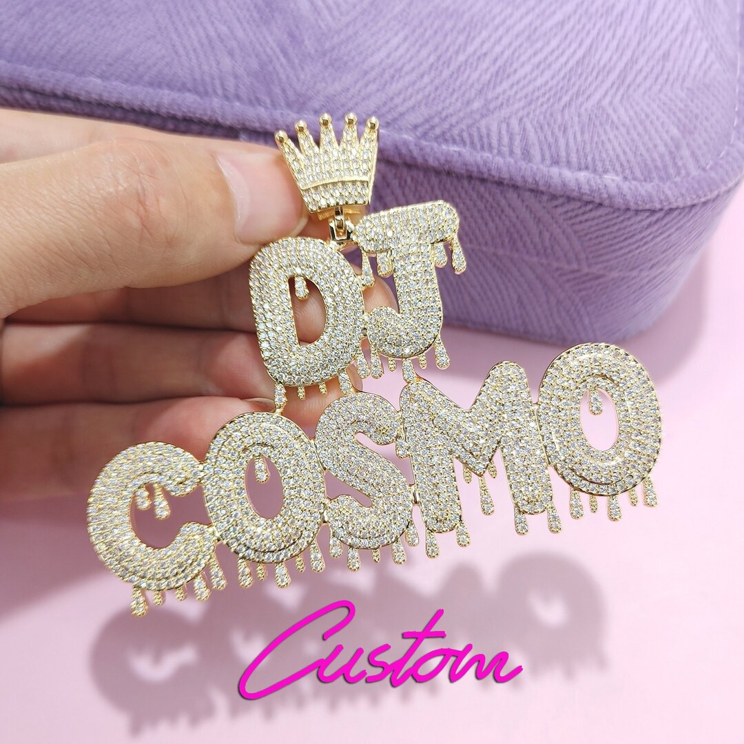 Personalized Drip Letters Nameplate Necklace, Custom CZ Diamond Name ...