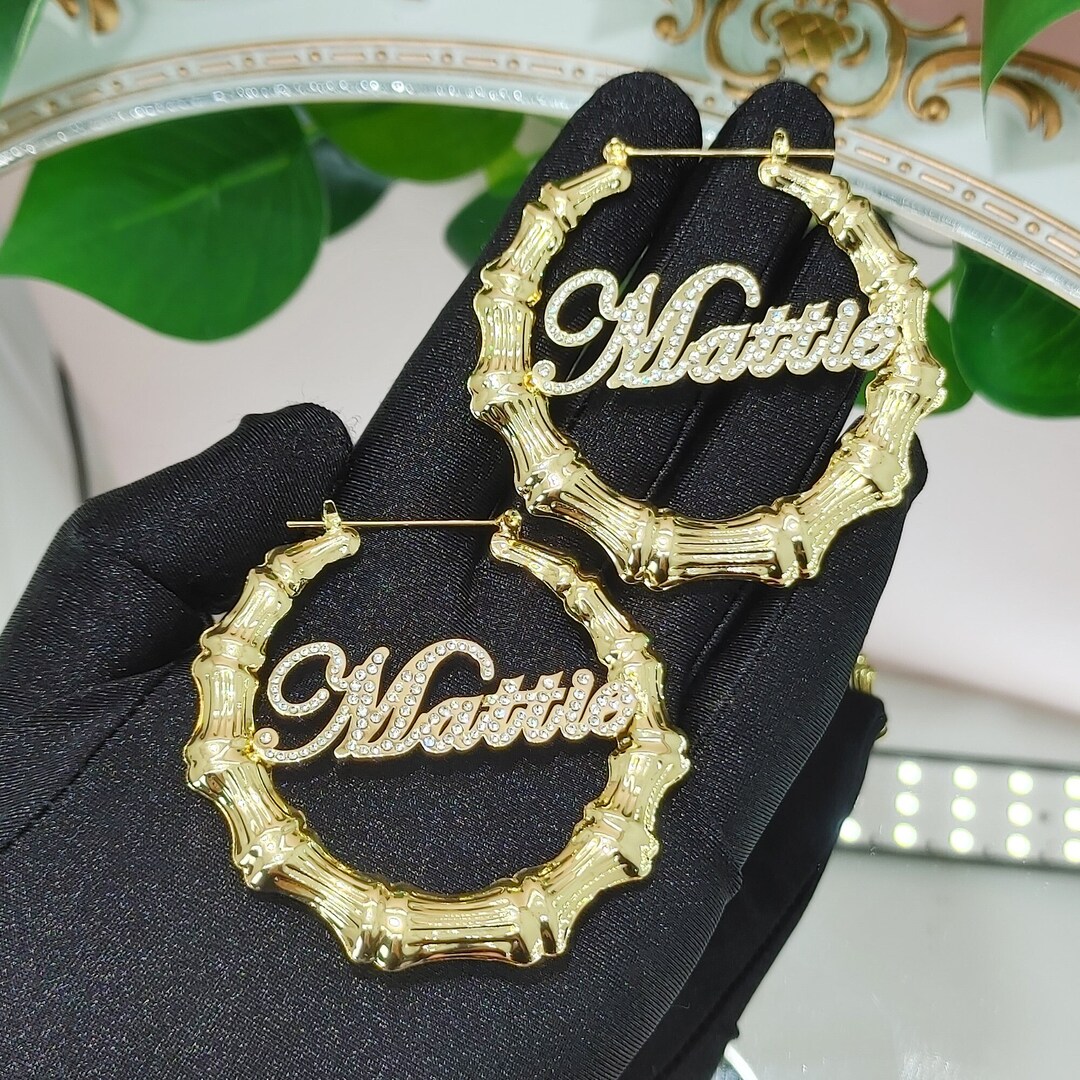 CUSTOM Sparkling Name/word Hoop Earrings, Personalised Earrings, Bamboo ...