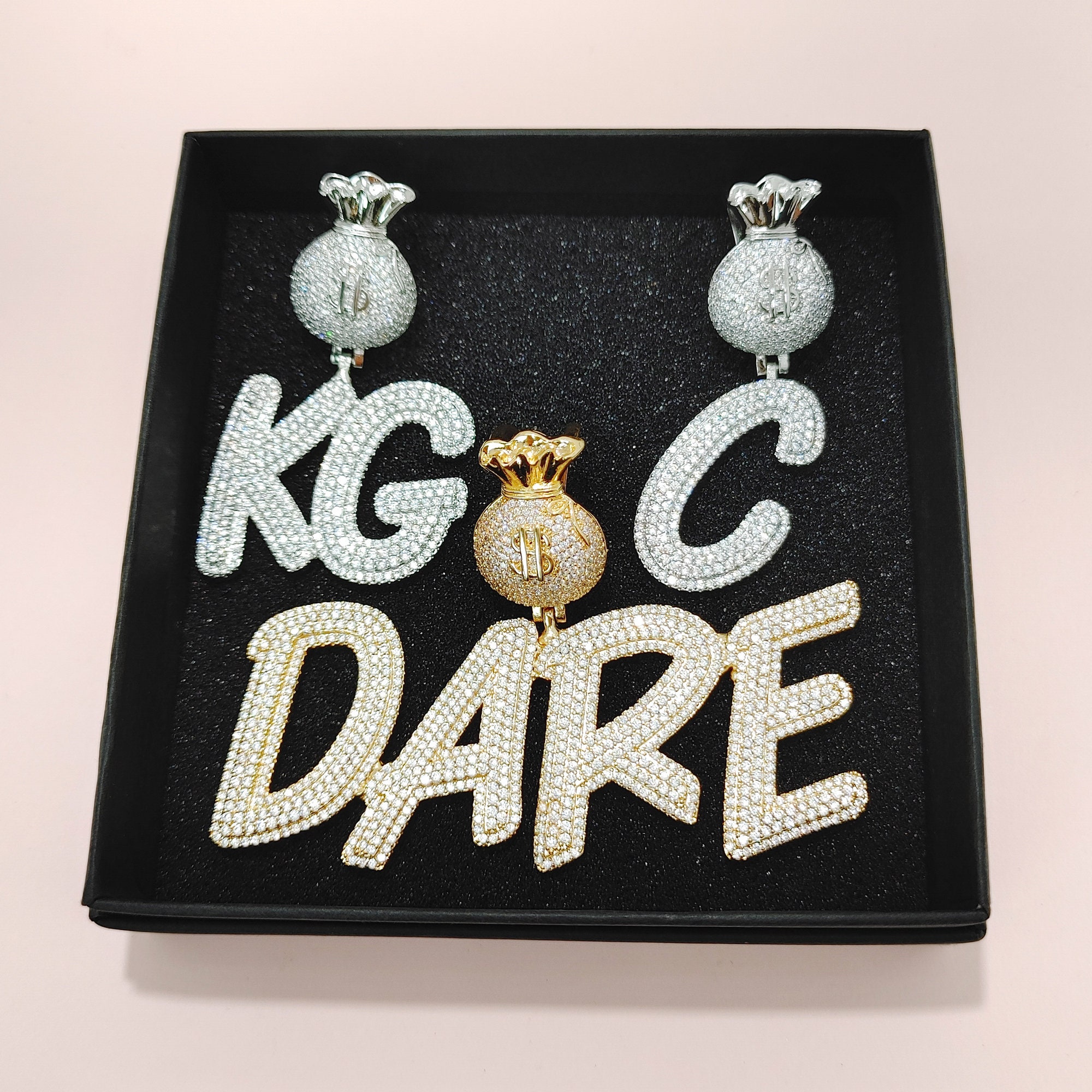 Iced Out Money Bag Personalised Name Tag Pendant Chain, CZ Diamond ...