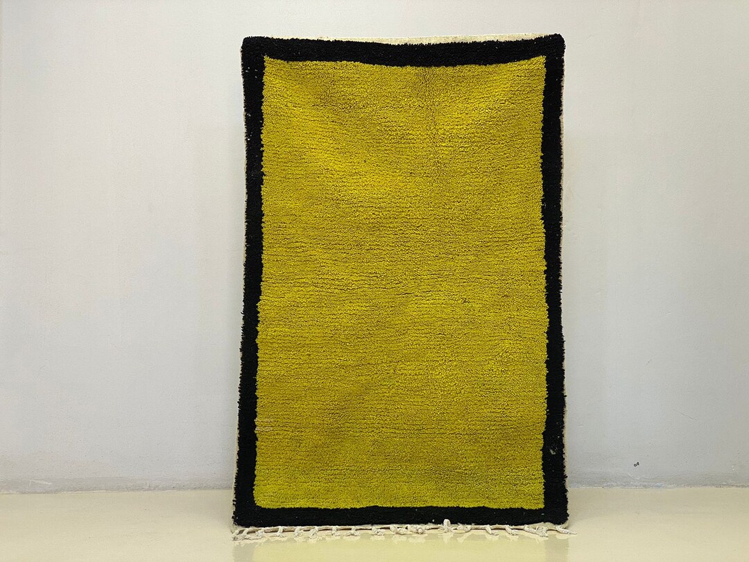 Citrine Yellow Moroccan Rug With Black Border - Minimalist Hand-knotted ...