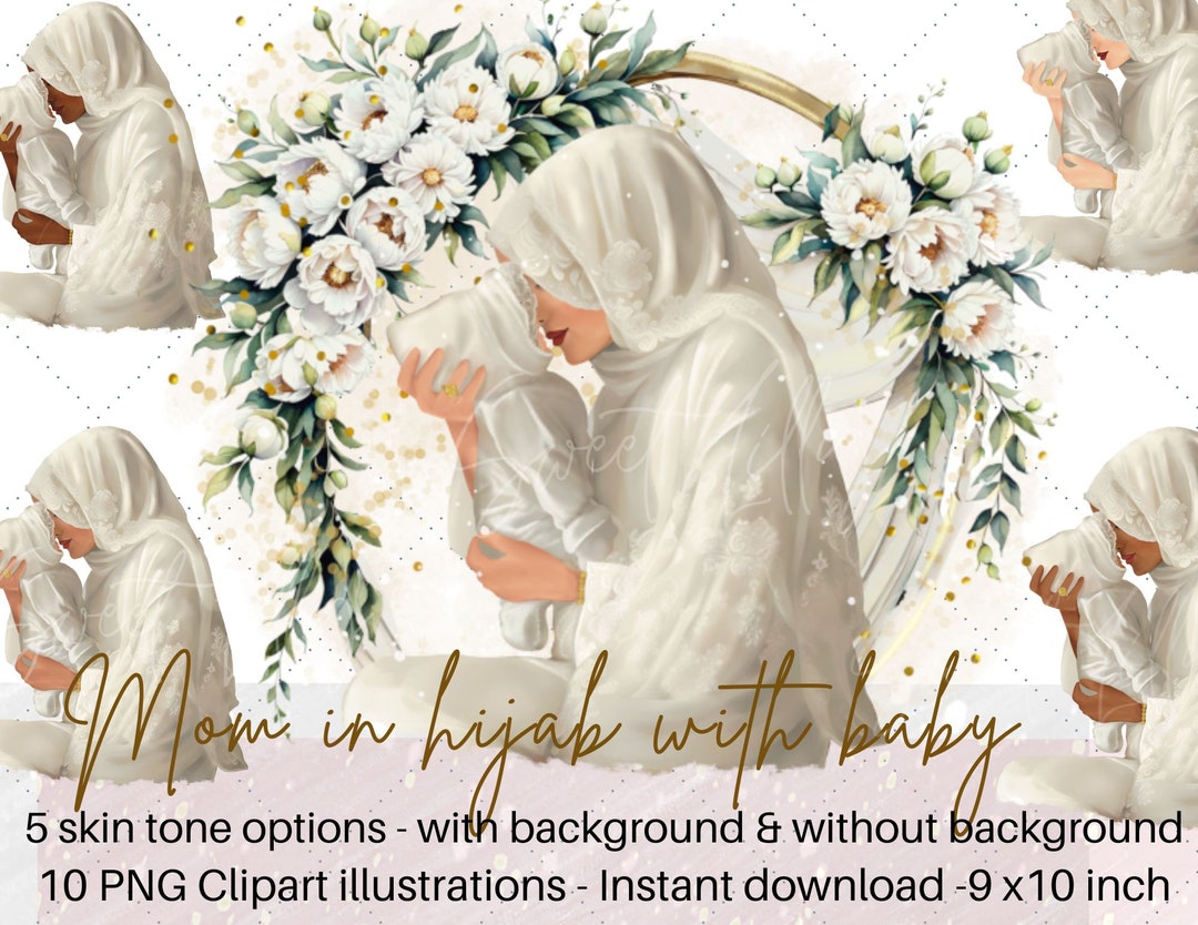 Mom in Hijab & New Born Baby in White Clip Art Illustration 5 Skin Tone ...