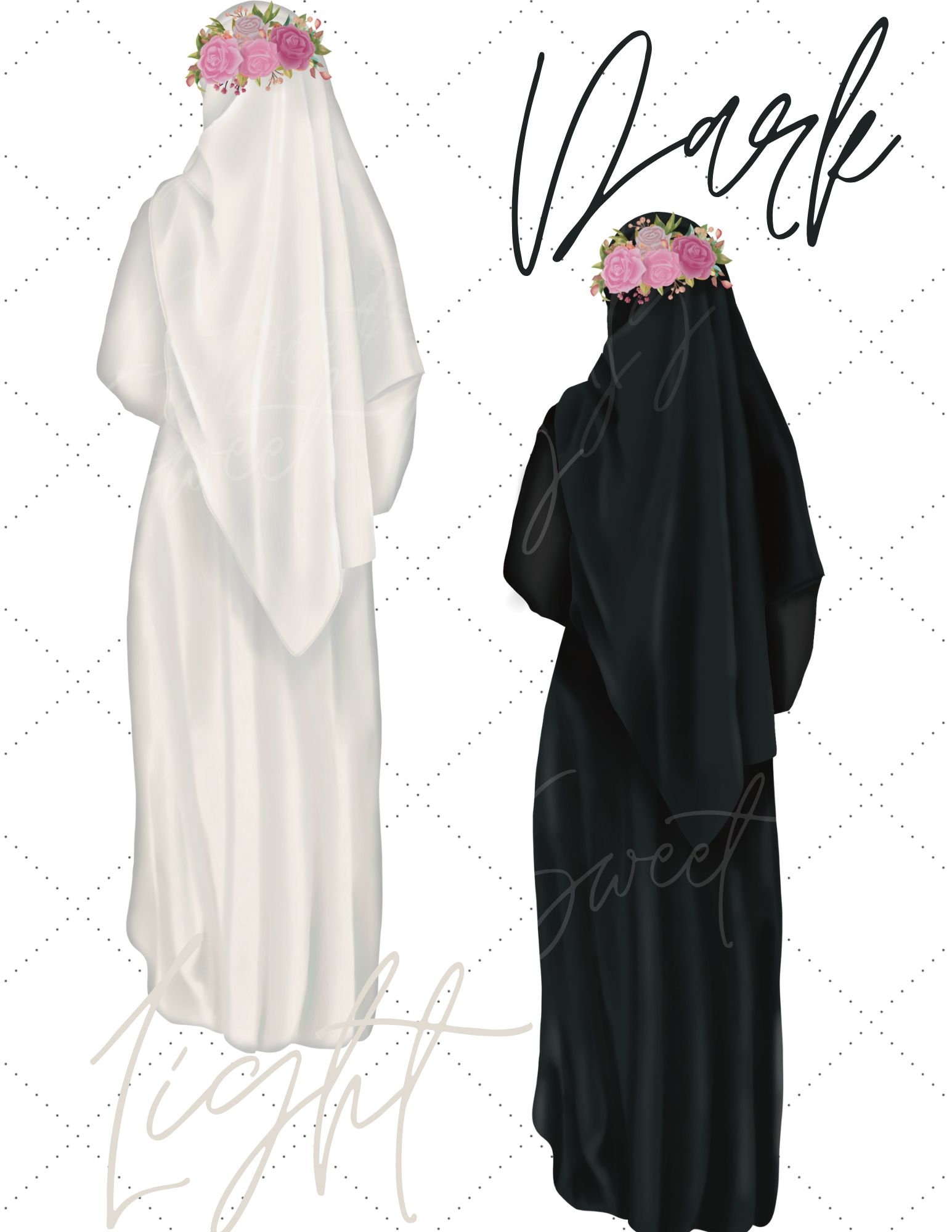 Floral Black & White Hijabi Back View 2 Clipart Illustrations - Etsy