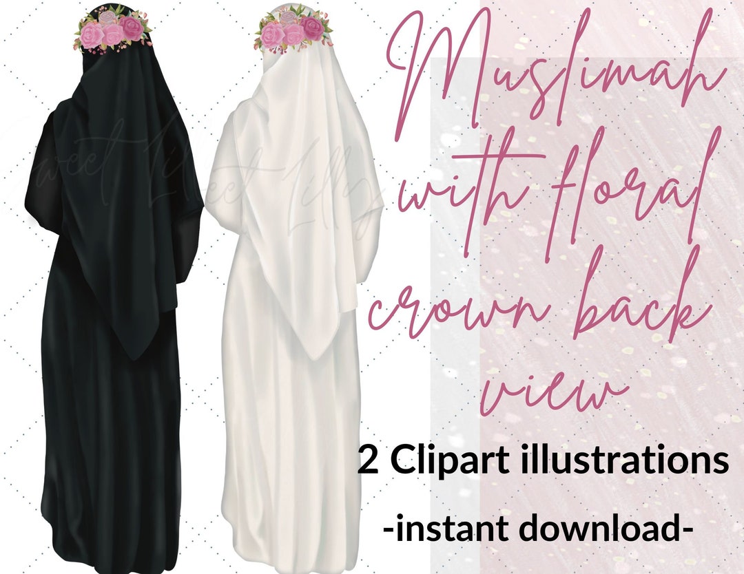 Floral Black & White Hijabi Back View 2 Clipart Illustrations ...