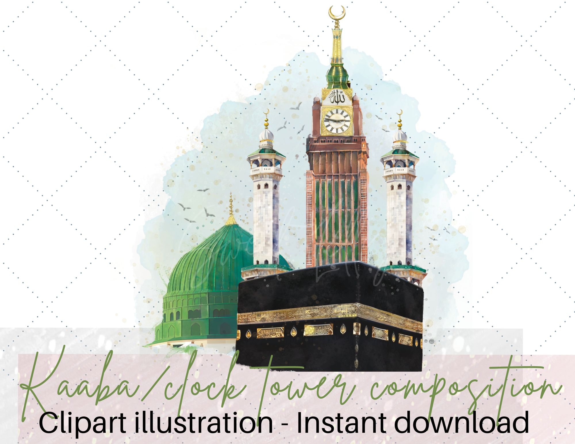 Kaaba/clock Tower/masjid All Haram Minarets & Dome Composition Clipart ...