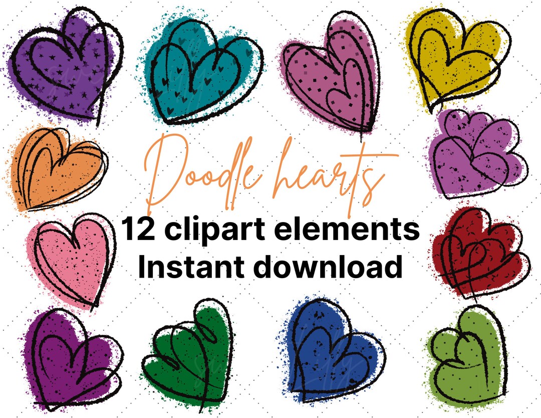 Doodle Hearts Clipart Set Vivid Color Hearts Graphics hearts Drawing ...