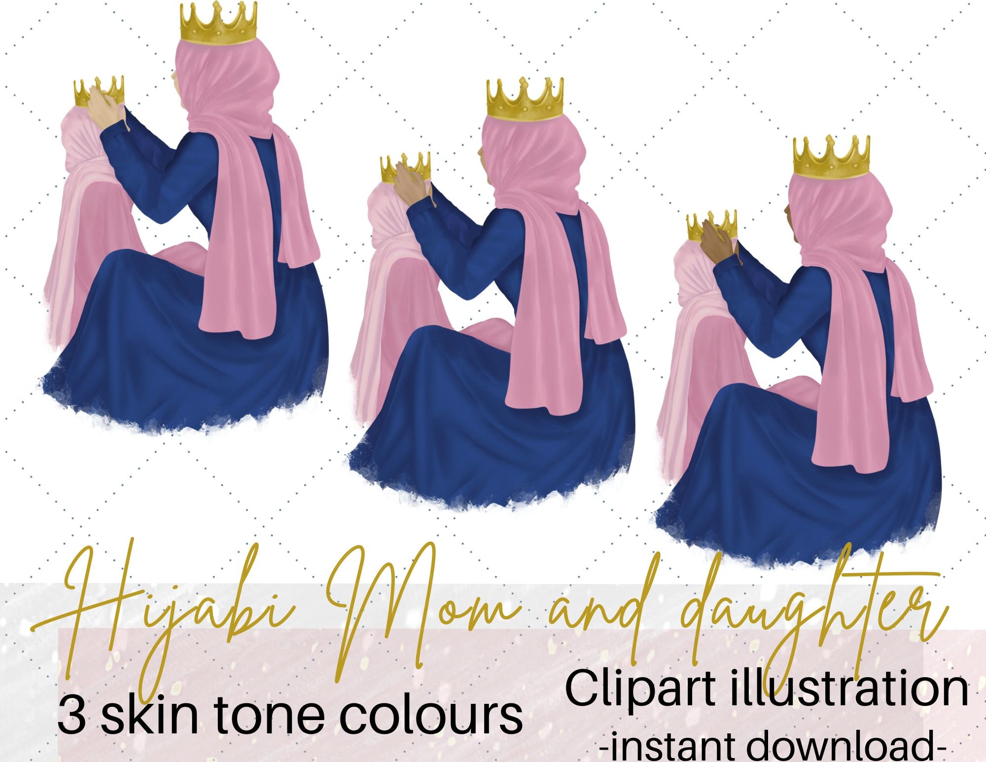 Mom & Daugheter in Hijab With Crowns Clipart Illustration |muslim Mom ...