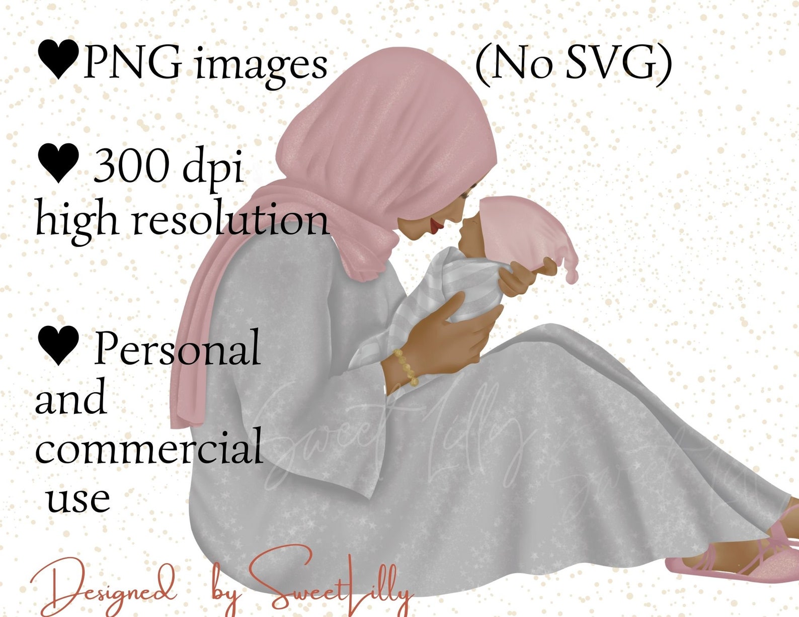 Hijabi Mom & Baby Clipart Illustration 3 Skin Tone Colour Options Pink ...