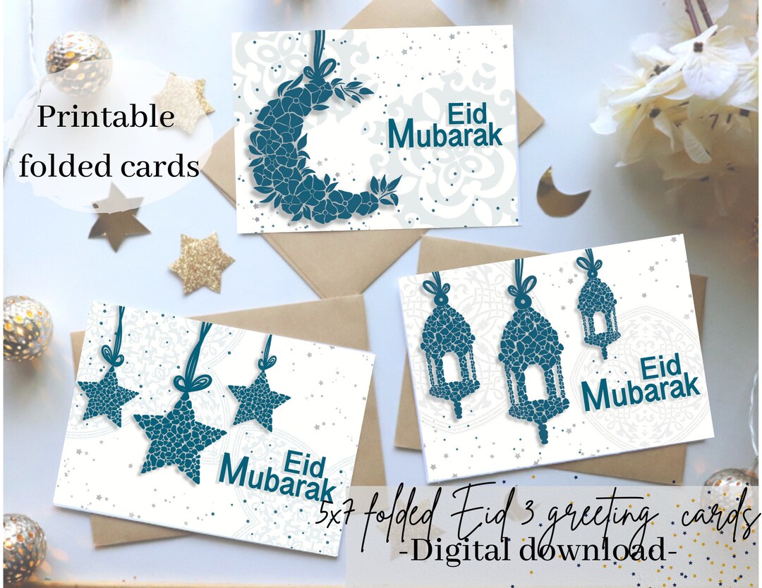 Eid Printable 5x7 Folded Card -eid Digital Greeting Card -floral Blue ...