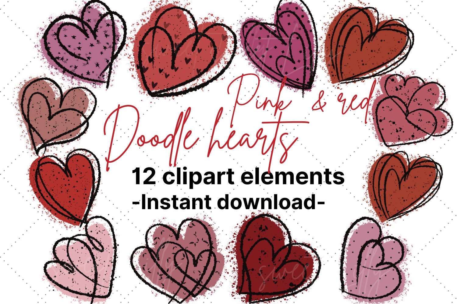Doodle Hearts Clipart Set pink & Red Doodle Hearts Clipart - Etsy