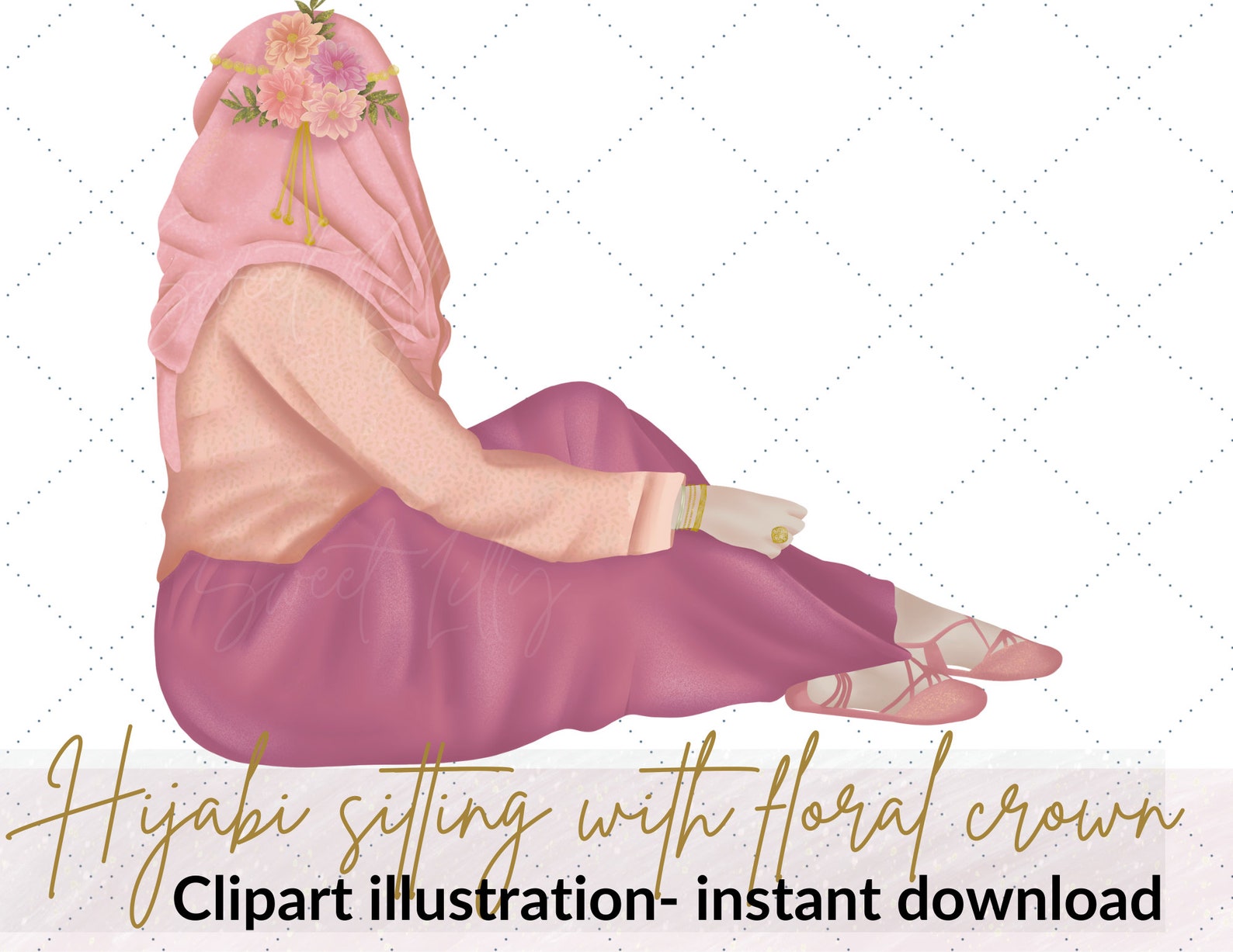 Hijabi Woman With Floral Crown Clip Art Illustration Sitting Muslim ...