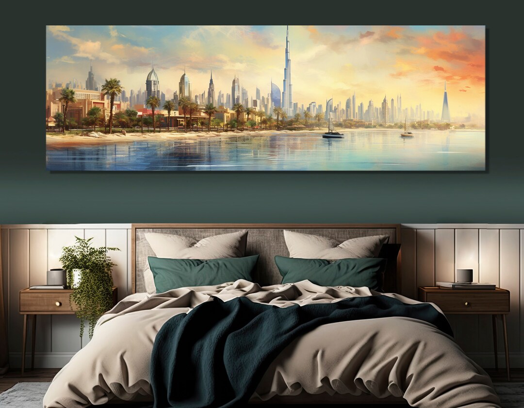Vintage Style Dubai Skyline Painting, Dubai Canvas Print, Large Dubai ...