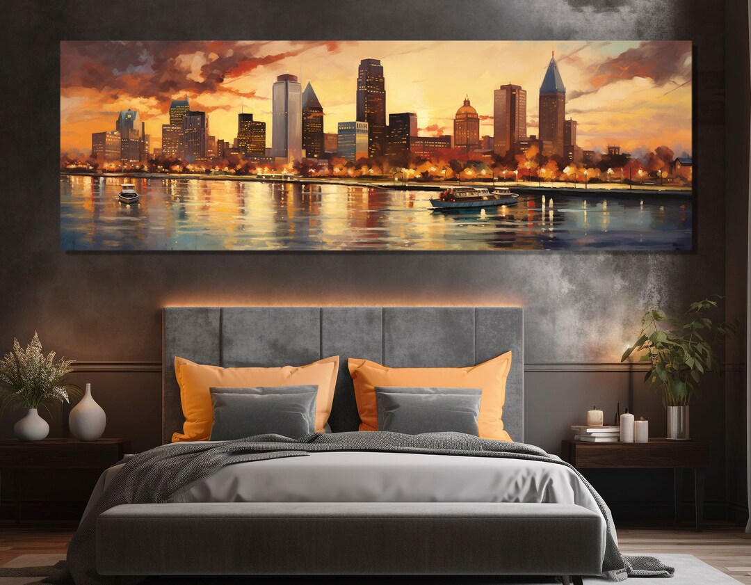 Abstract Large Detroit Panoramic Wall Art, Vintage Detroit Canvas Print ...