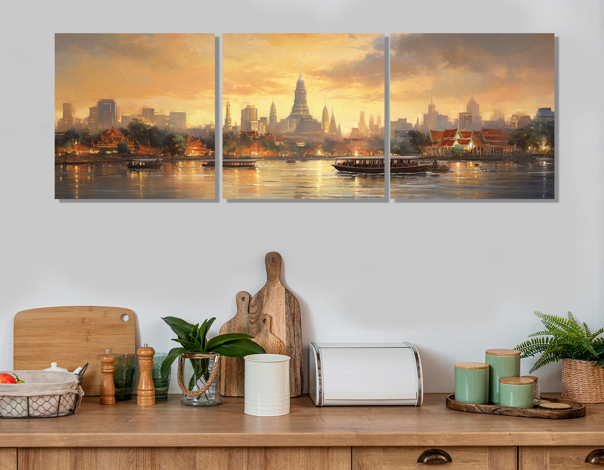 Vintage Bangkok Skyline Painting, Bangkok Canvas Print, Retro Bangkok Wall Art, Large Bangkok ...